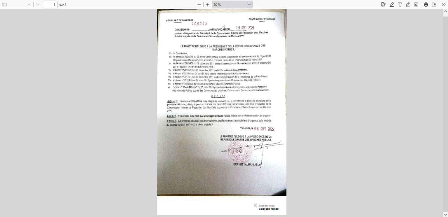 DECISION N°000265/D/MINMAP/CAB du 08 septembre 2025 portant désignation du président de la ...